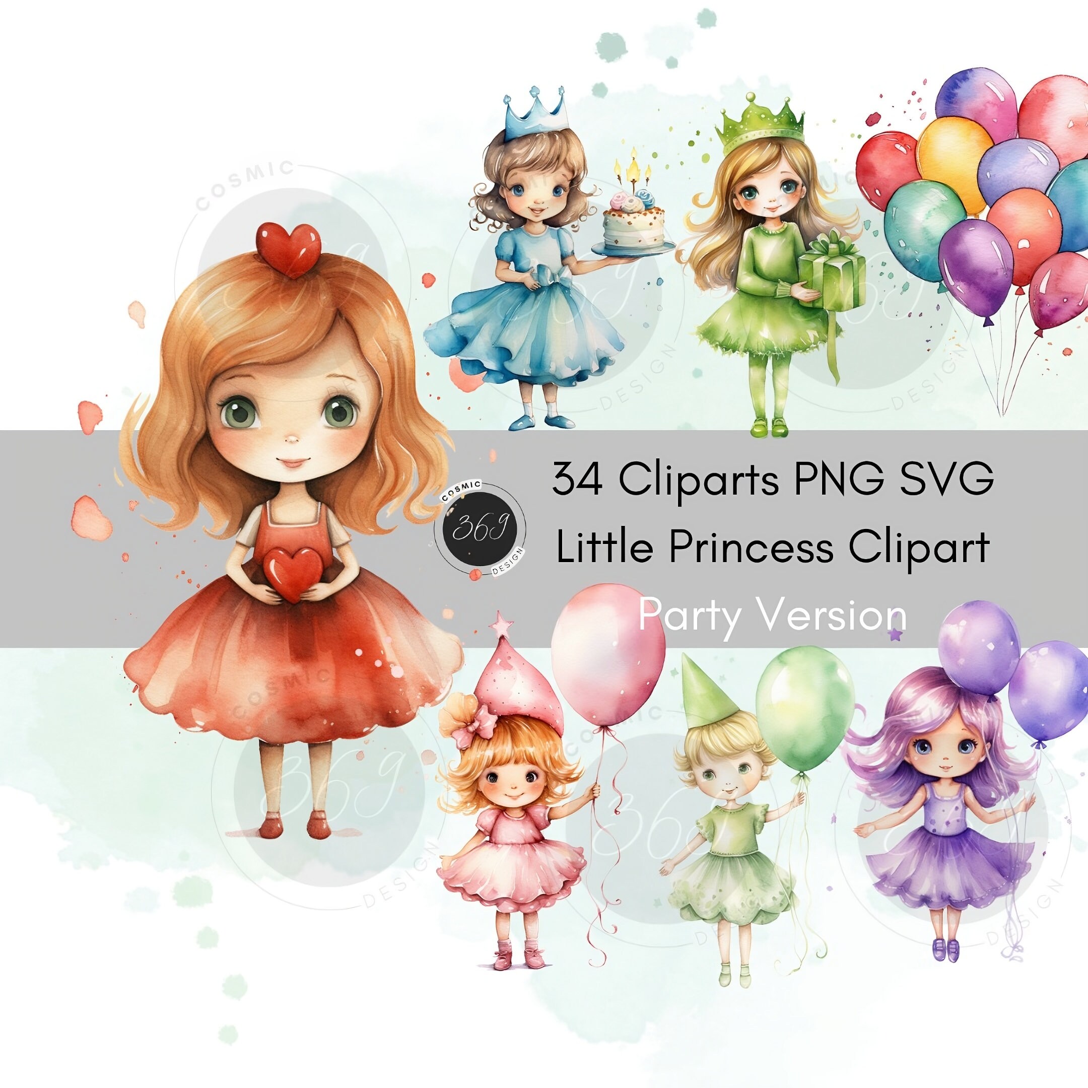 Princess Clipart, Watercolor Little Princesses 34 Designs Party Version ...