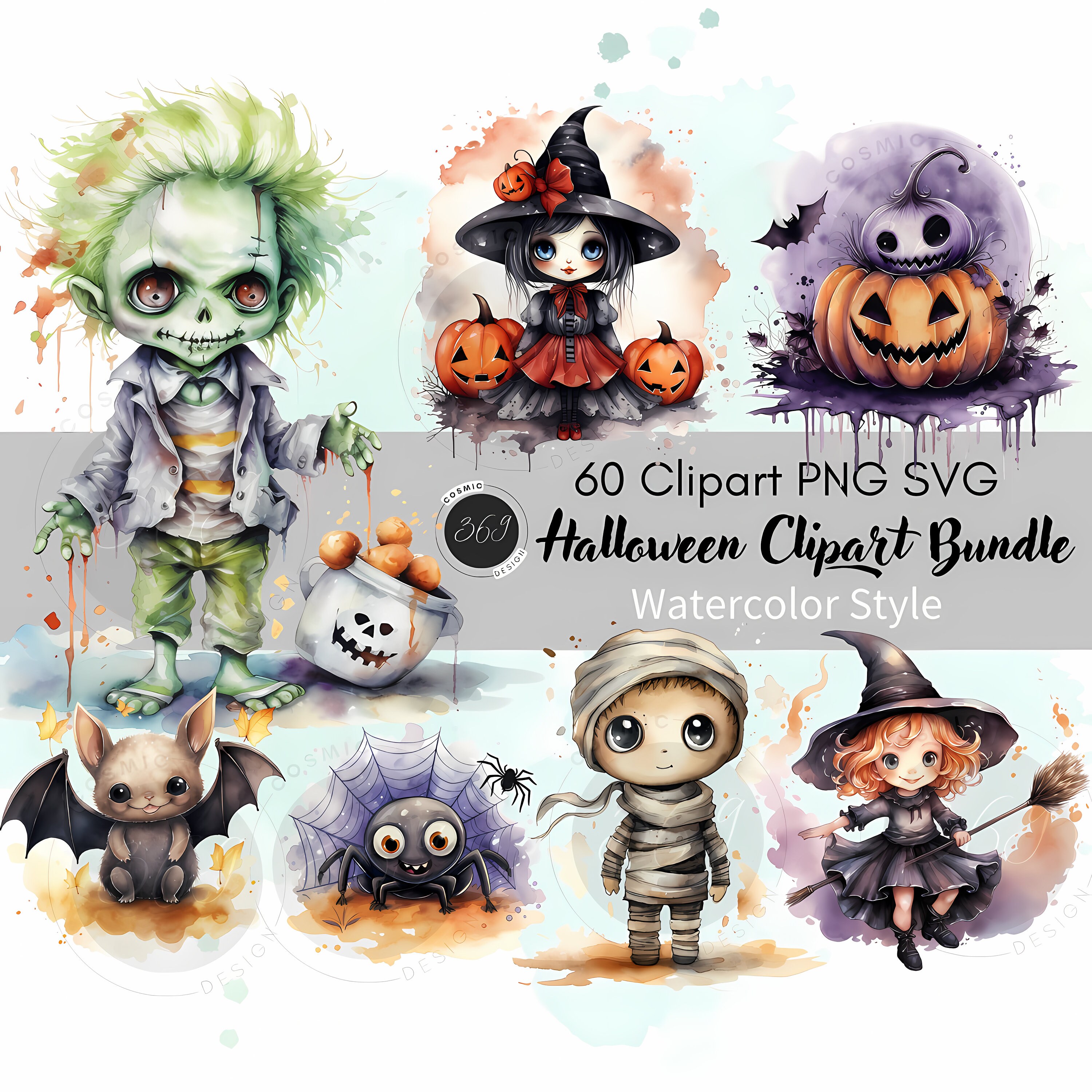 Halloween Clipart Bundle 60 PNG SVG Watercolor Style Commercial Use ...