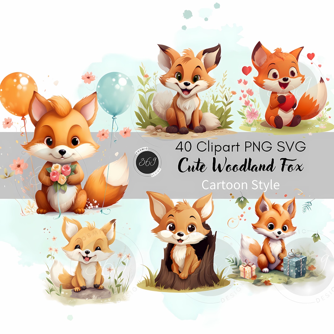 Woodland Fox Clipart Bundle 40 PNG SVG Cartoon Style Commercial Use ...