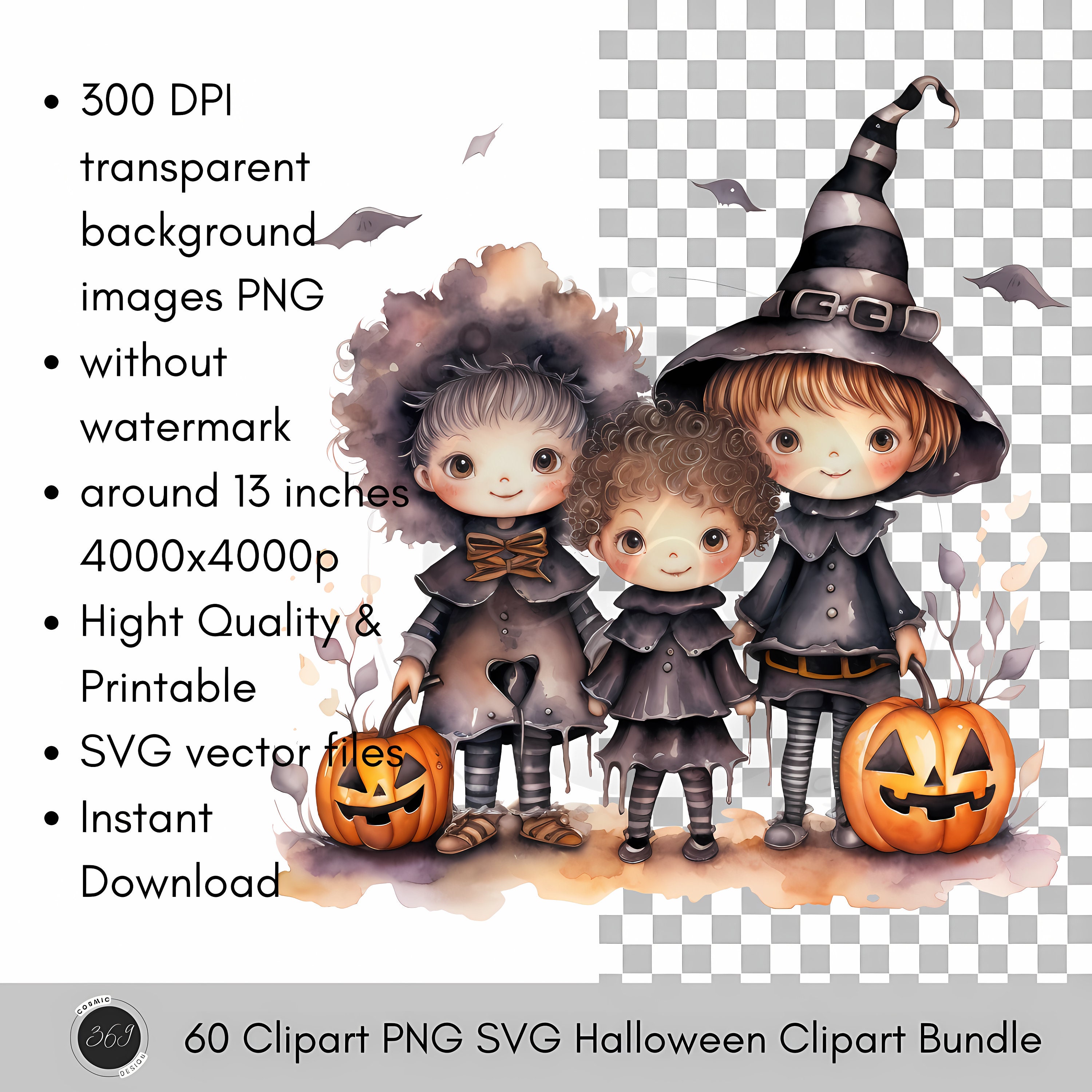 Halloween Clipart Bundle 60 PNG SVG Watercolor Style Commercial Use ...