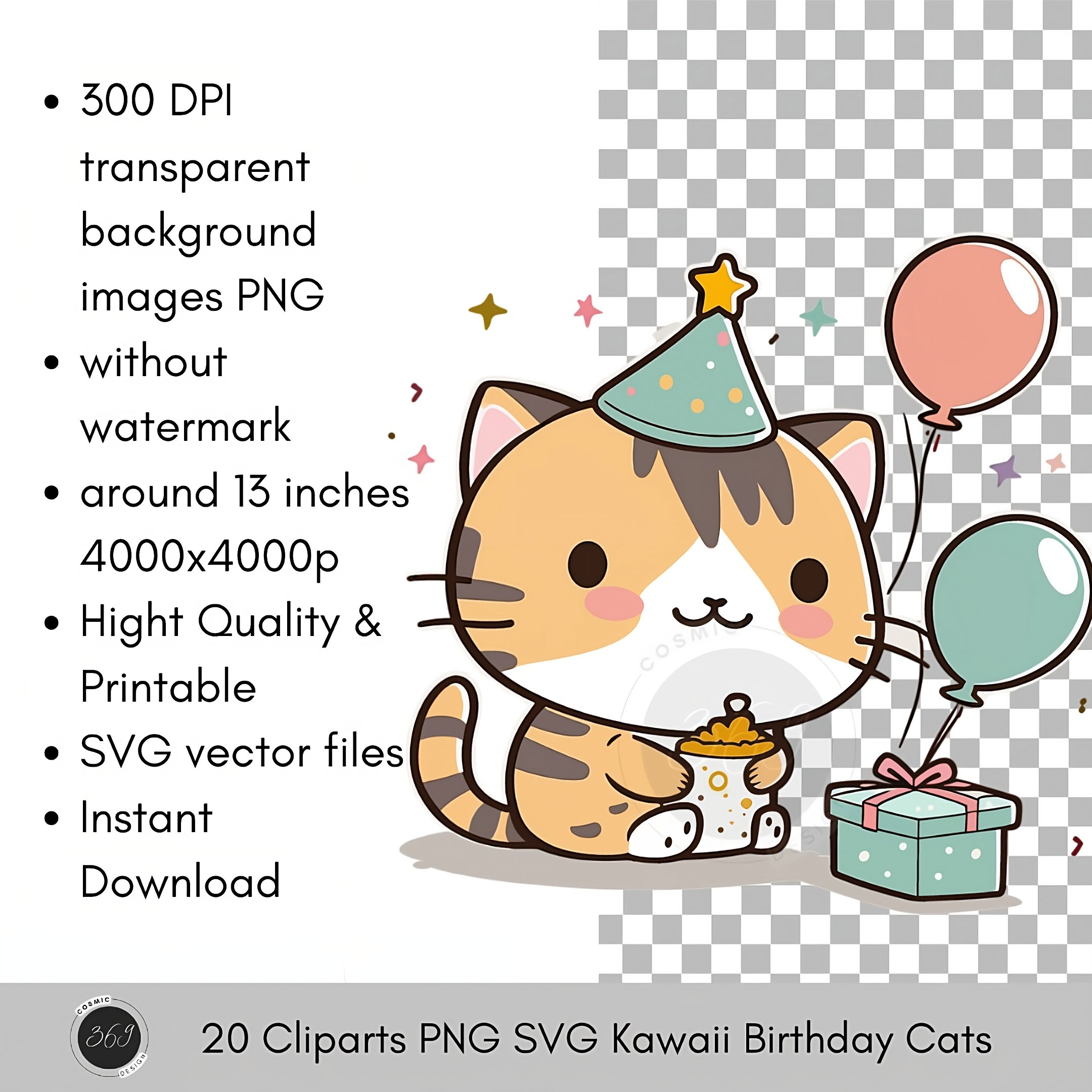 Birthday Cat Clipart Kawaii Birthday Cats Funny Party Clipart ...