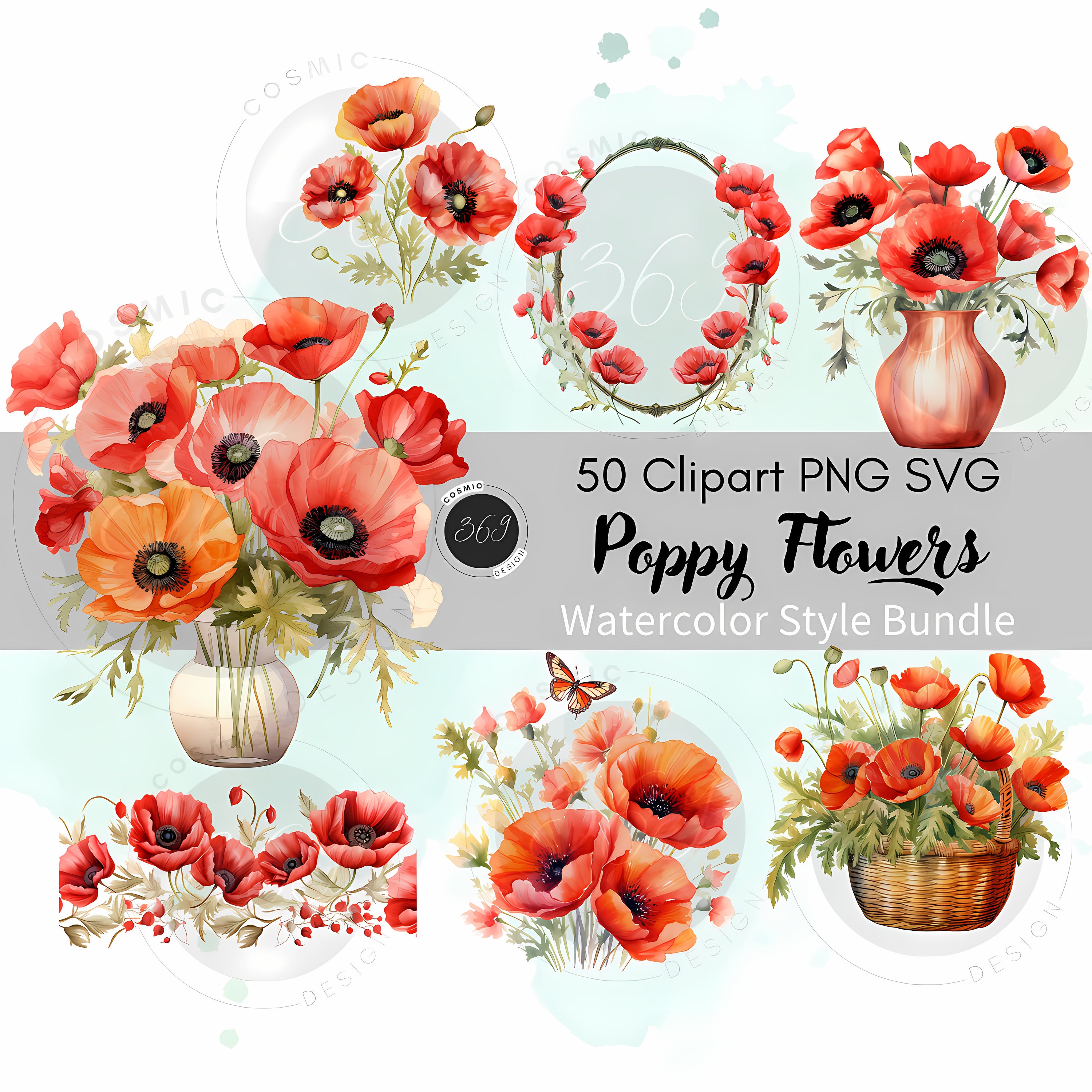 Watercolor Poppy Clipart Bundle 50 PNG SVG for Personal & Commercial ...