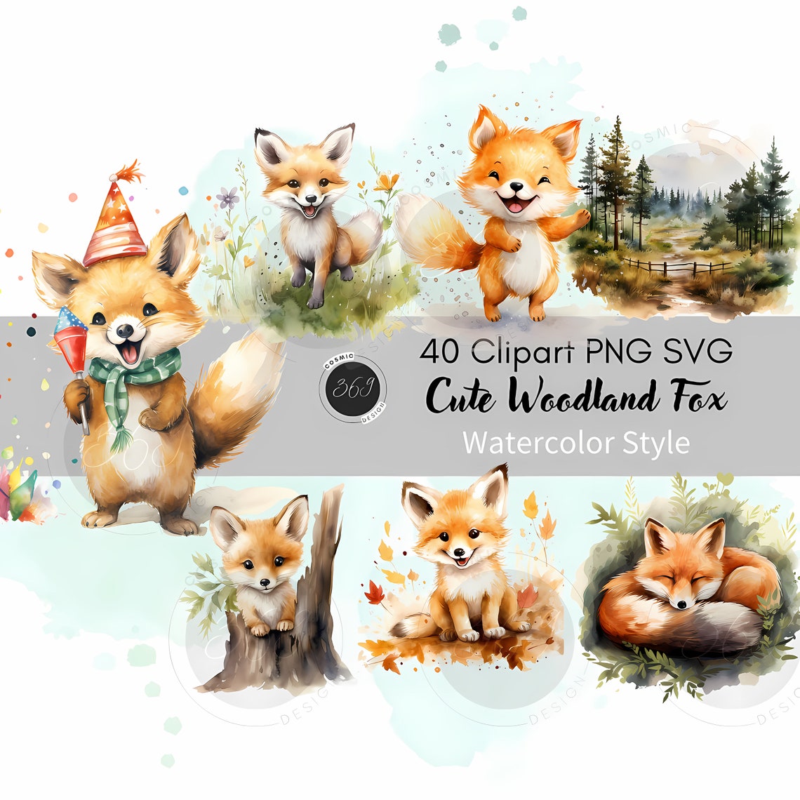 Watercolor Woodland Fox Clipart Bundle 40 PNG SVG for Personal ...