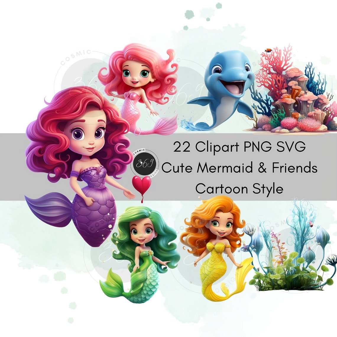 Mermaid Clipart Cartoon Style Mermaid and Friends 22 Designs, Nursery ...