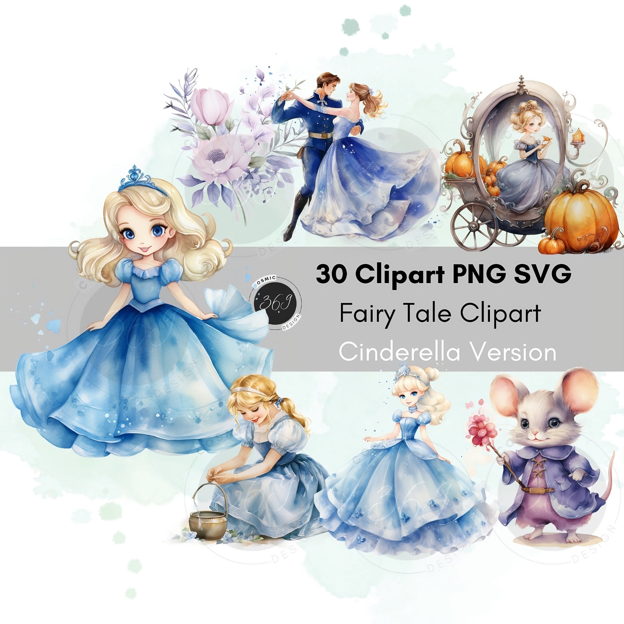 Fairy Tale Clipart Cinderella Clipart Bundle Watercolor 30 Designs PNG ...