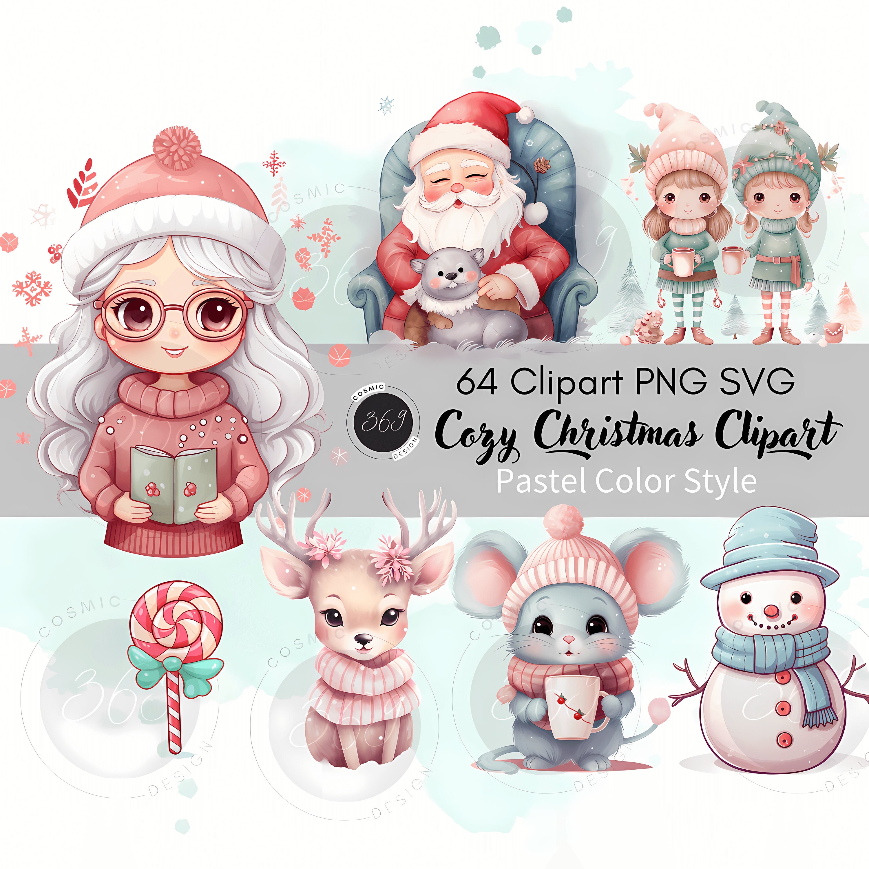 Cozy Christmas Clipart Bundle Pastel Color Version 64 SVG PNG ...
