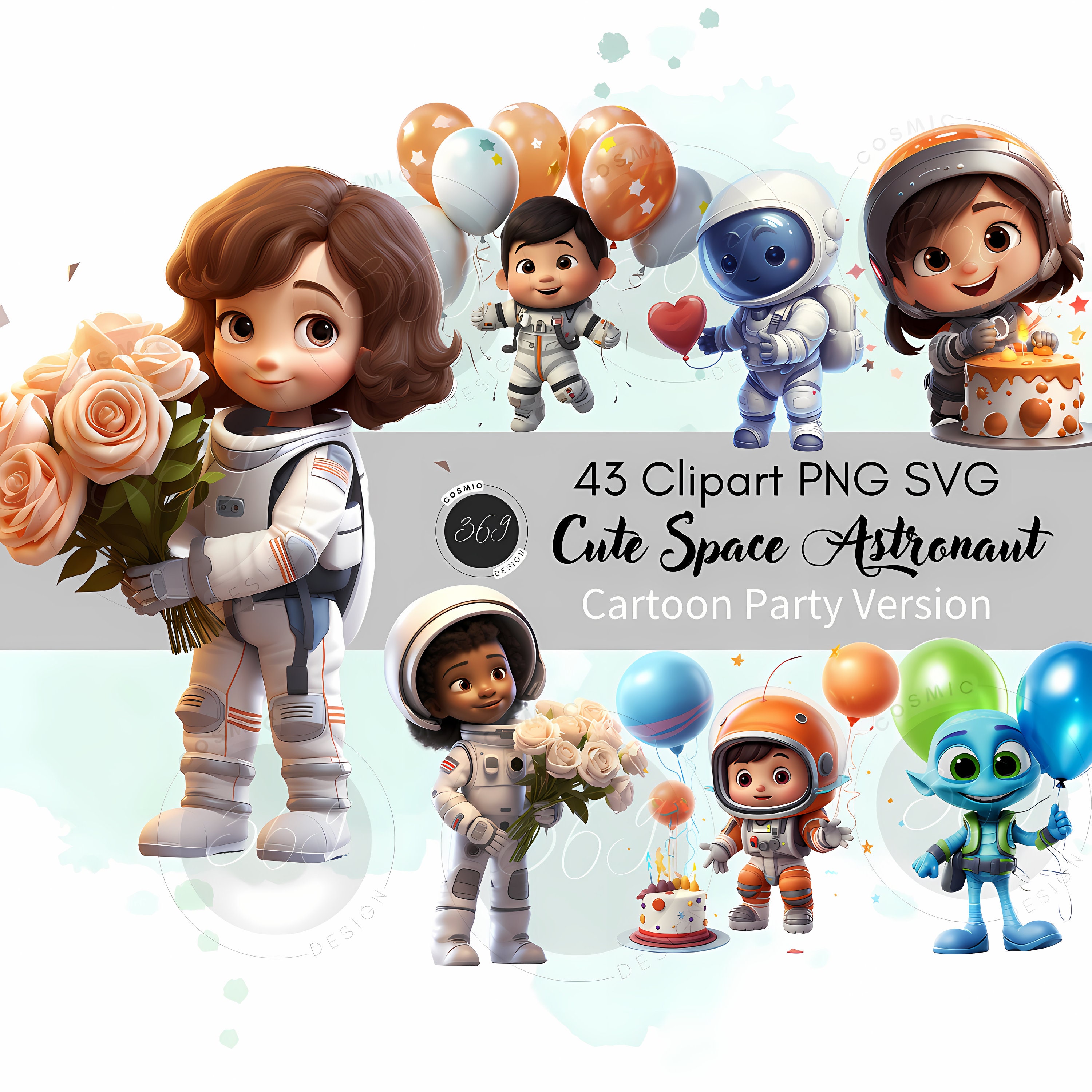 Birthdayparty Clipart Cute Space Clipart Bundle 43 PNG SVG Commercial ...