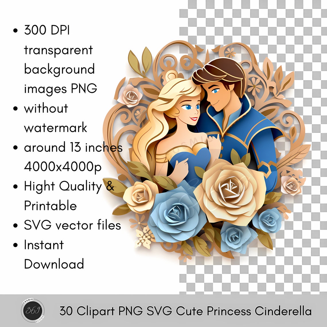 Princess Cinderella Clipart Bundle 30 PNG SVG Kirigami Style for ...