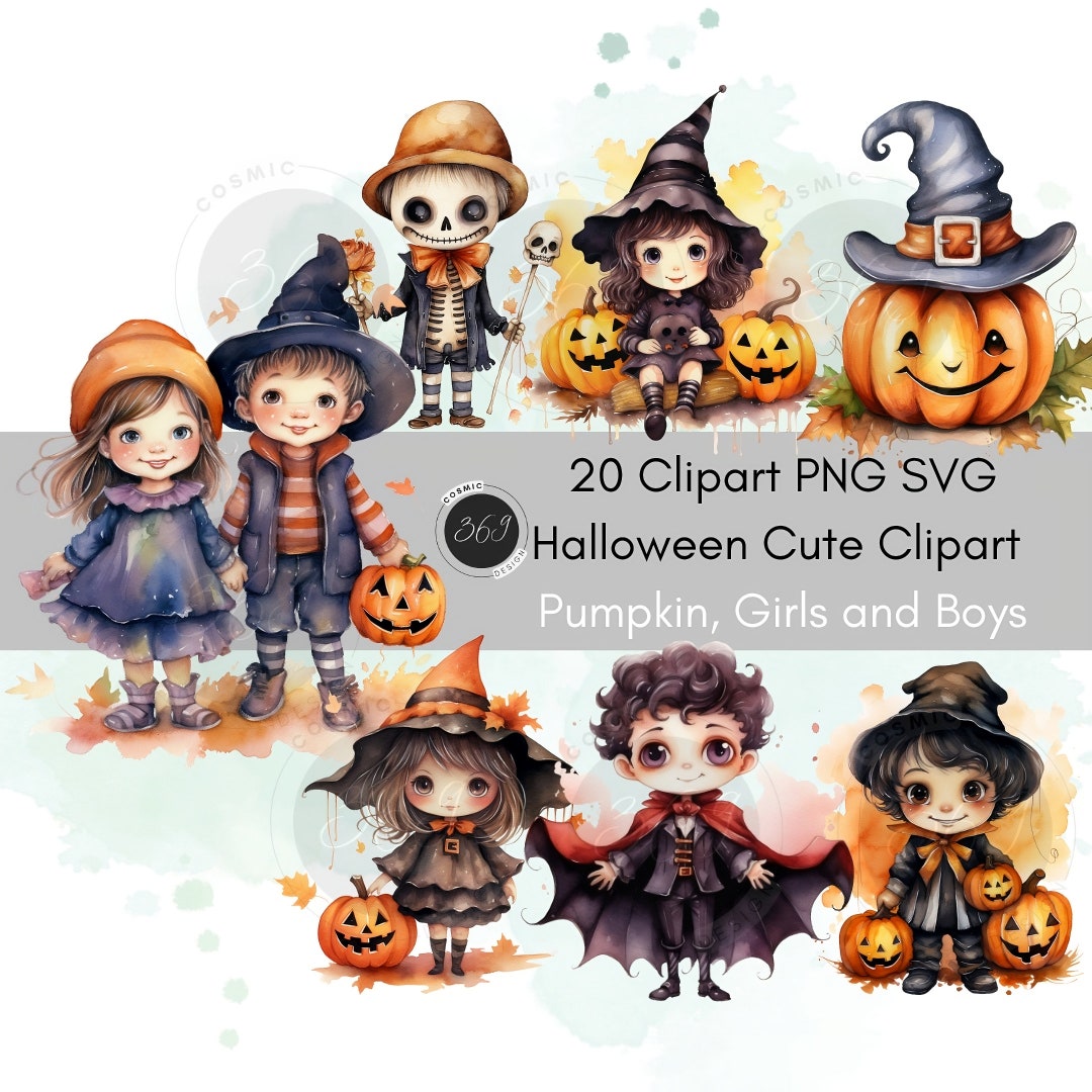 Halloween Clipart Bundle Pumpkin Cute Girls and Boys Watercolor Style ...