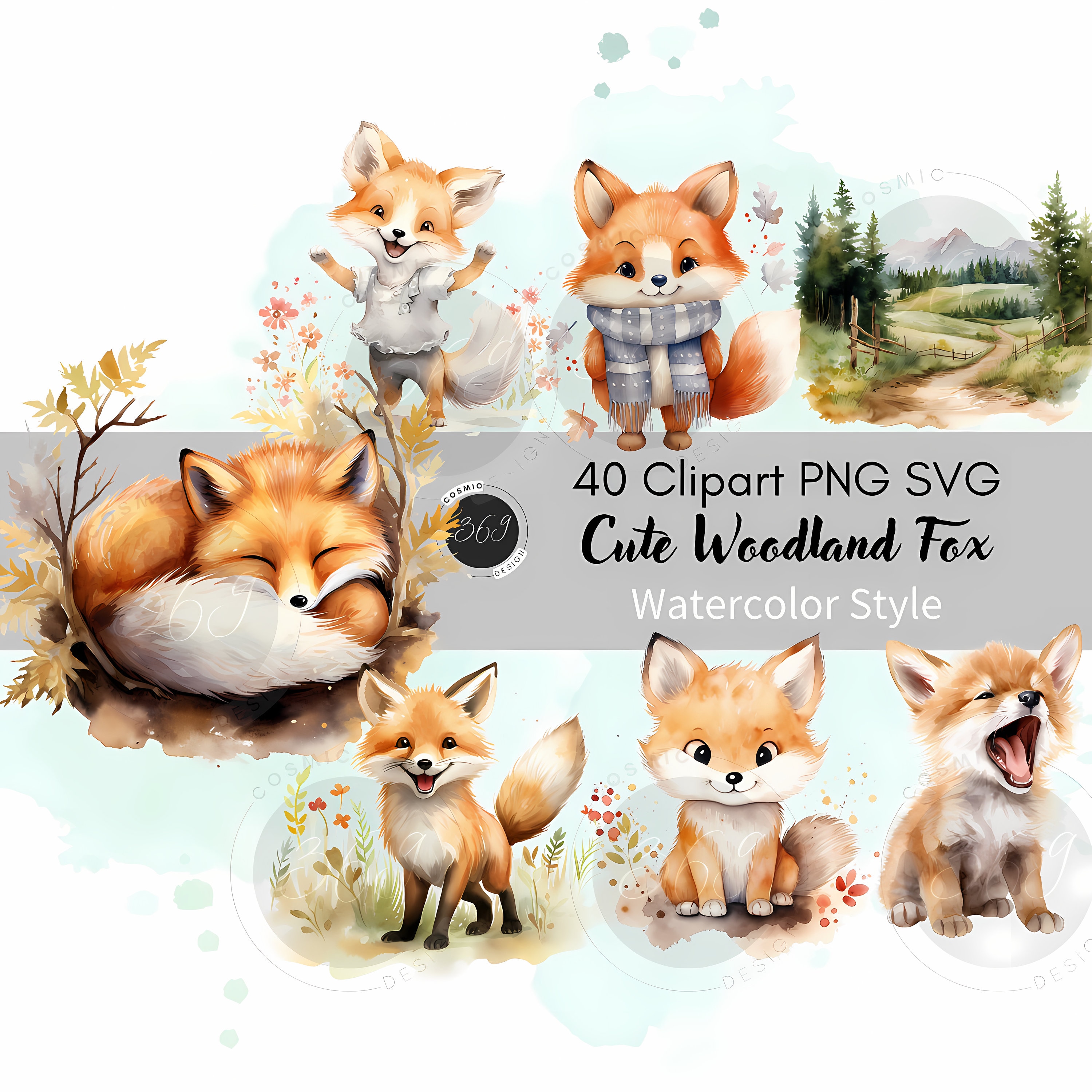Watercolor Woodland Fox Clipart Bundle 40 PNG SVG for Personal ...