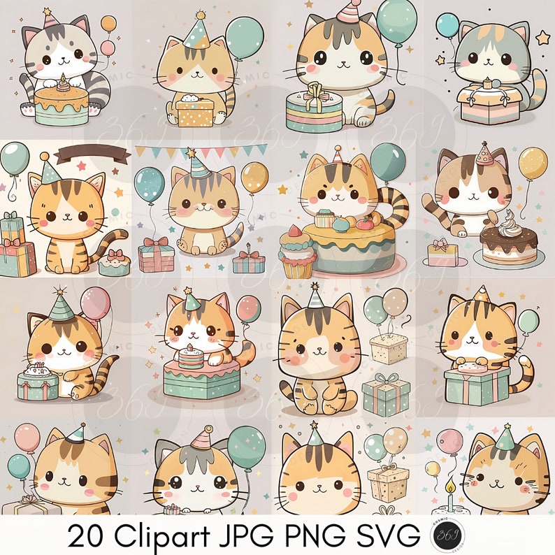 Birthday Cat Clipart Kawaii Birthday Cats Funny Party Clipart - Etsy