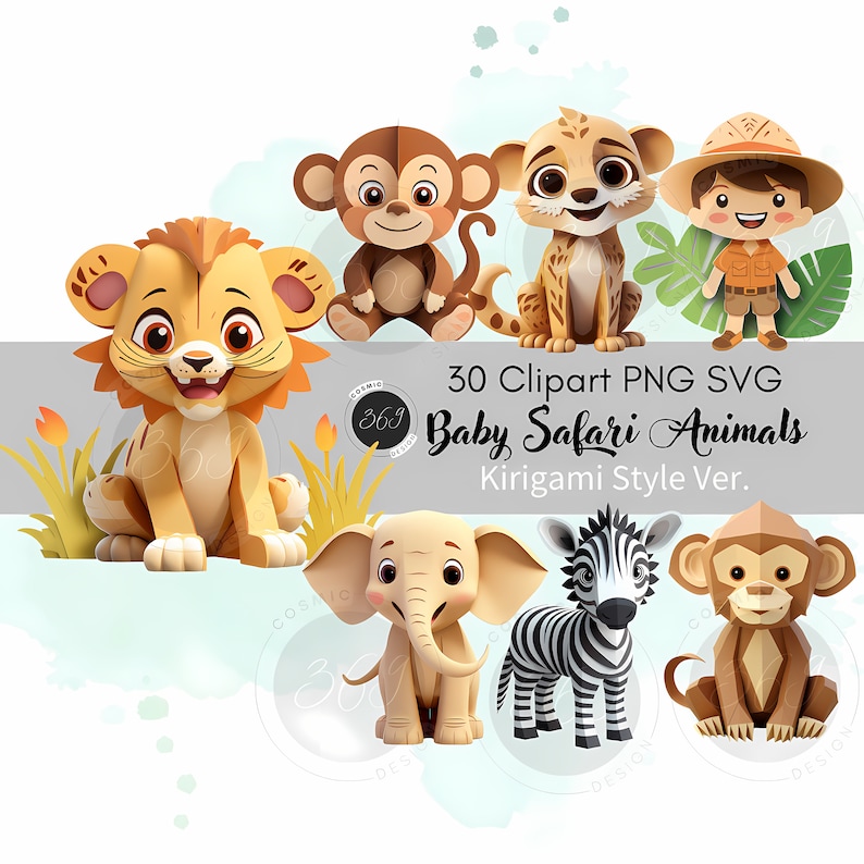 Baby Safari Animals Clipart Bundle Kirigami Paper Craft Style 30 PNG ...
