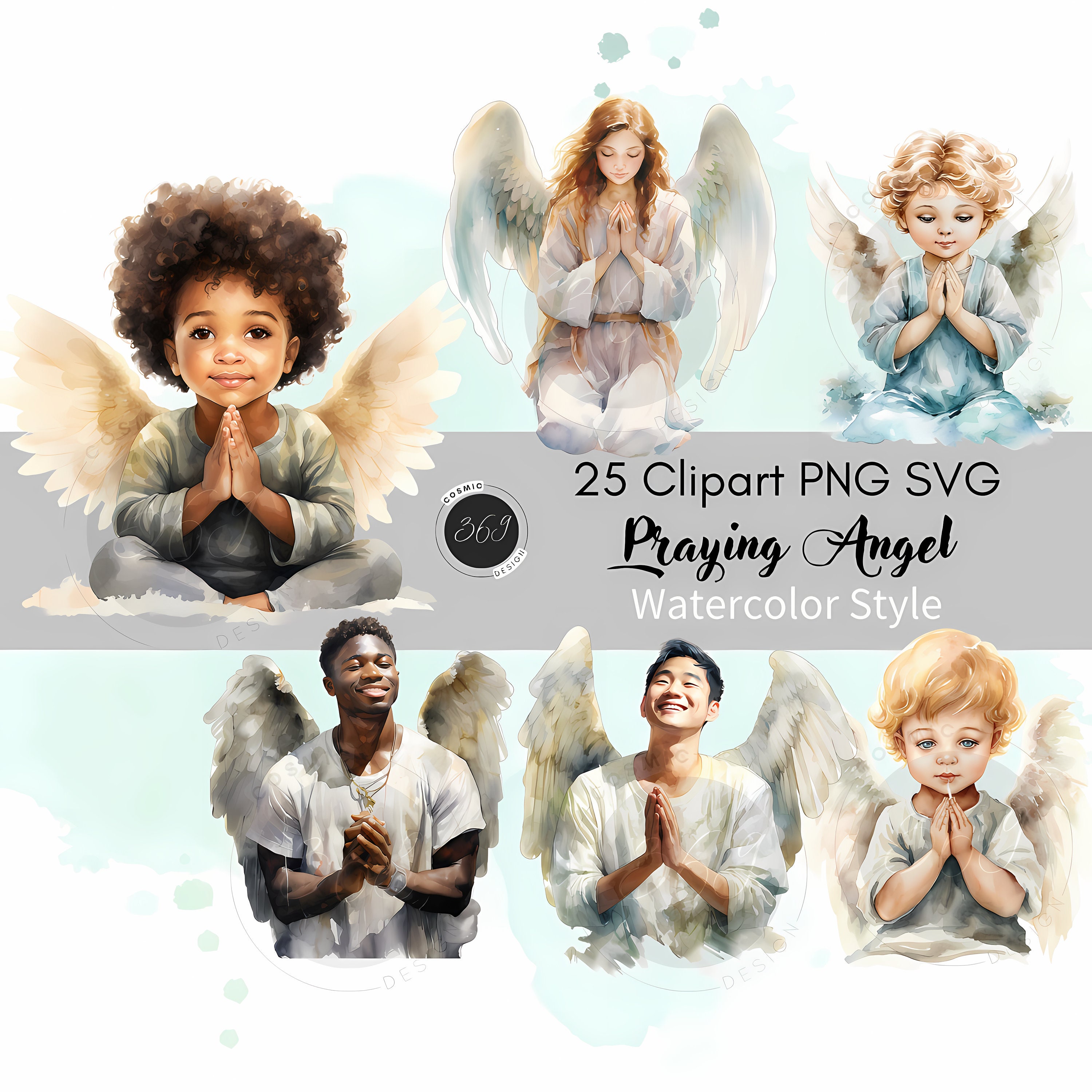 Watercolor Praying Angel Clipart Bundle 25 PNG SVG for Commercial Use ...