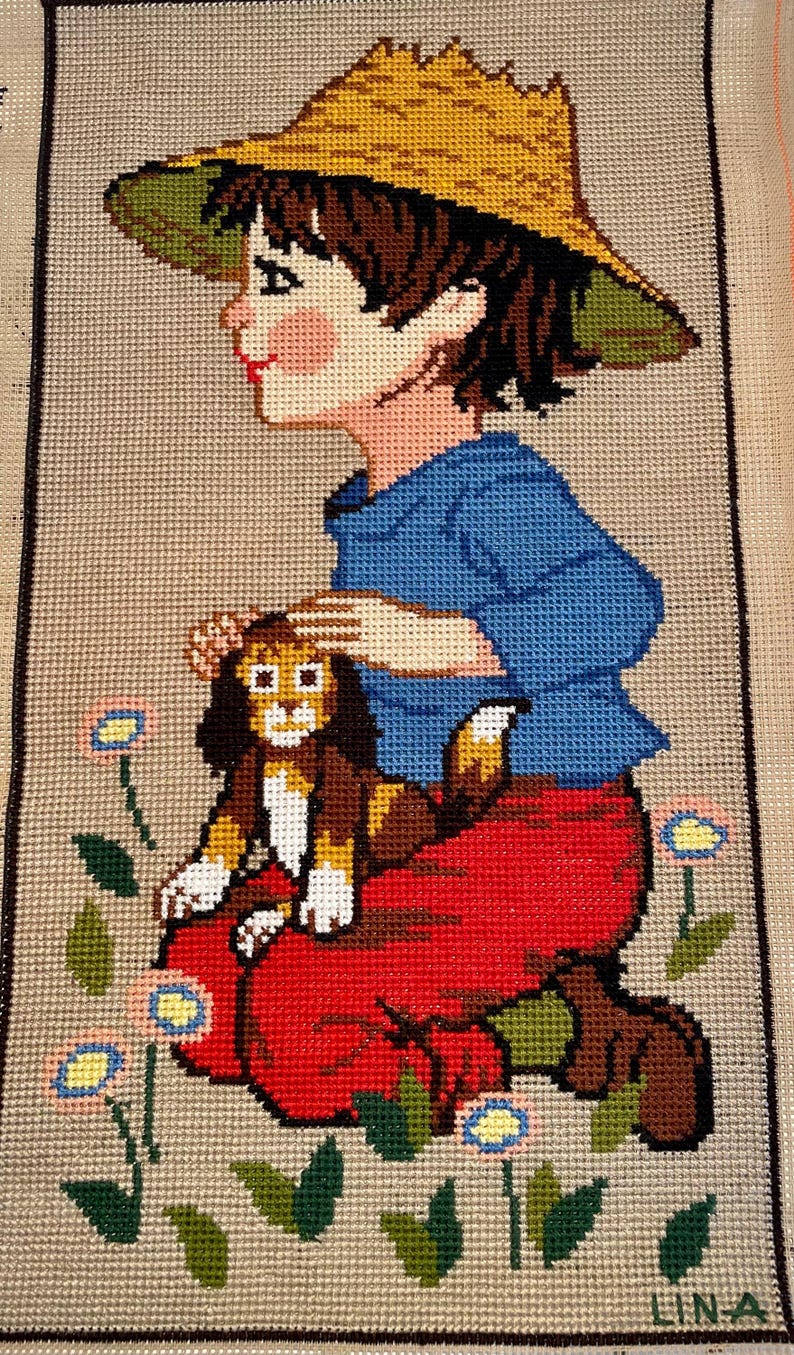 Hand Embroidered Completed Picture, Little Boy With His Dog/ Finished ...