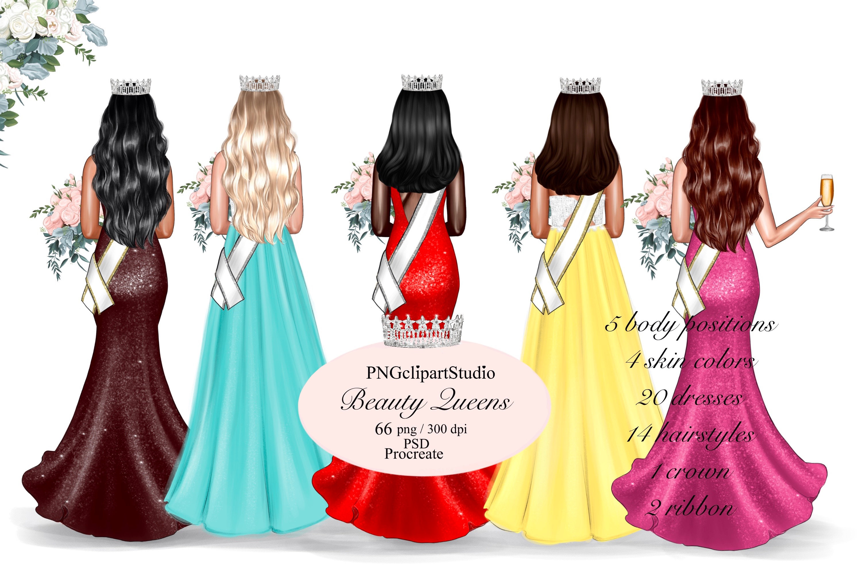 Beauty Queens Clipart, Pageant Queens Clipart, Girl in Evening Dress ...
