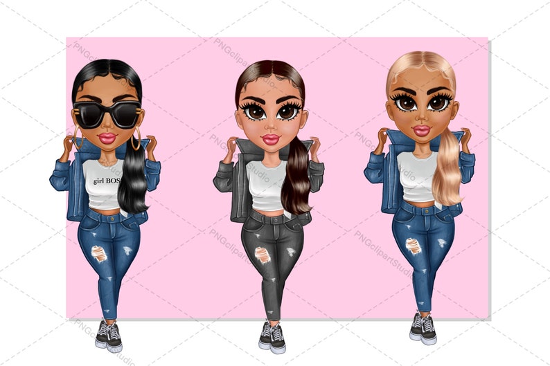 Denim Girl Clipart, Chibi Doll Clipart, Curvy Girl Clipart, Fashion ...