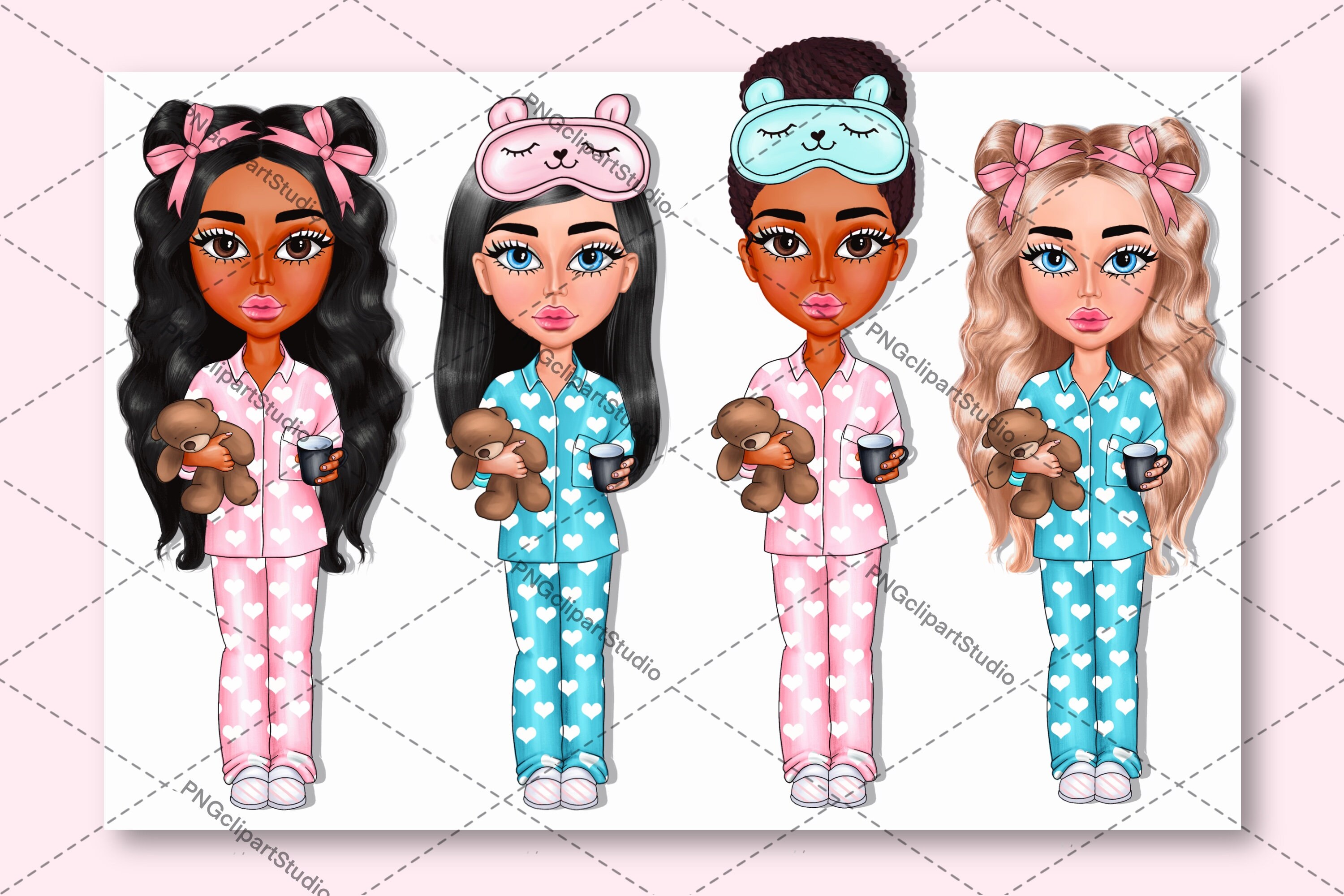 Girls in Pajamas Clipart, Sleep Clipart, Girl With Coffee - Etsy