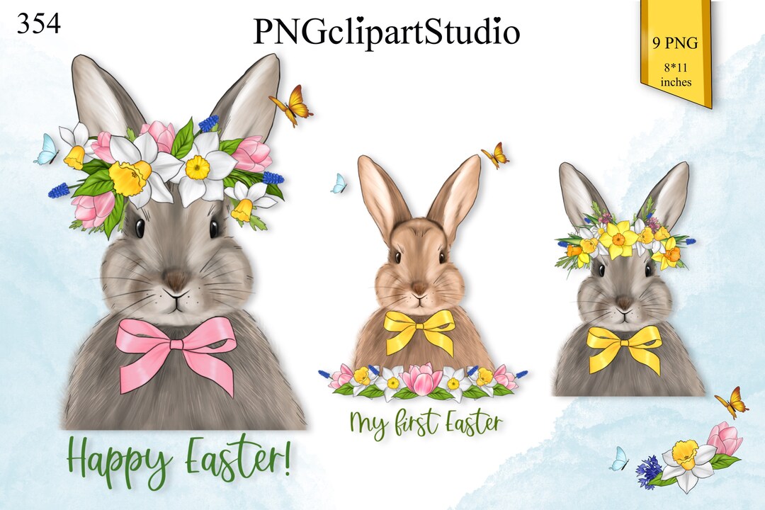 Easter Bunnies Clipart, Spring Bundle, Cute Baby Animals, Rabbit, Eggs ...