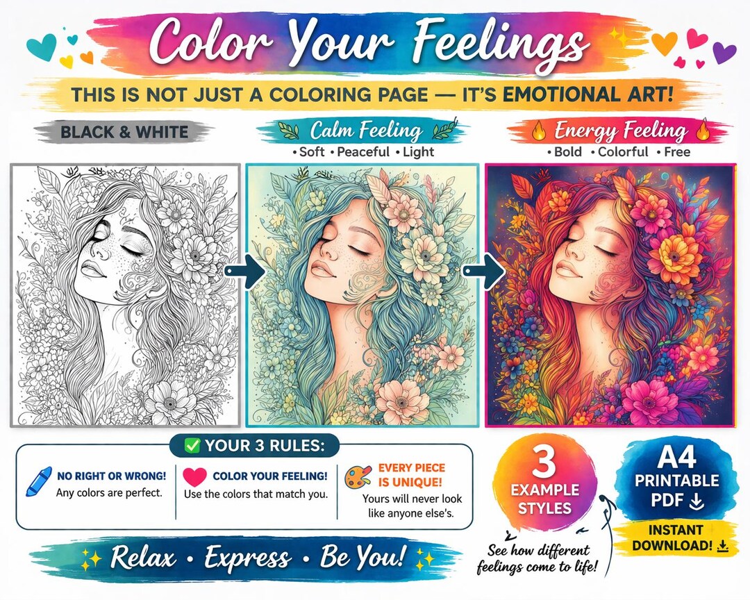 Color Your Feelings Woman – Emotional Coloring Page, Mindfulness ...