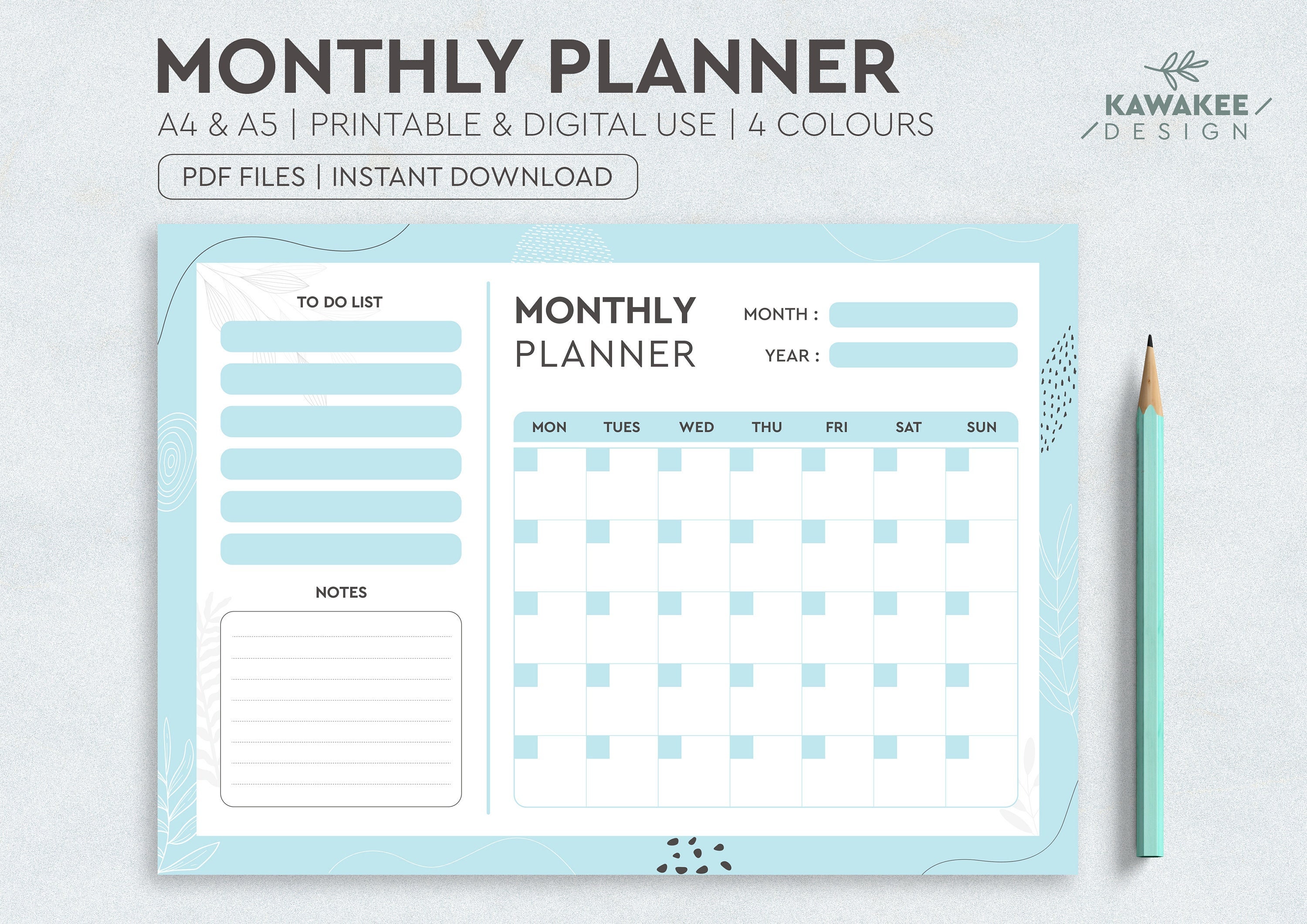 MONTHLY Planner - Printable & Digital - Kawakee Design - Etsy