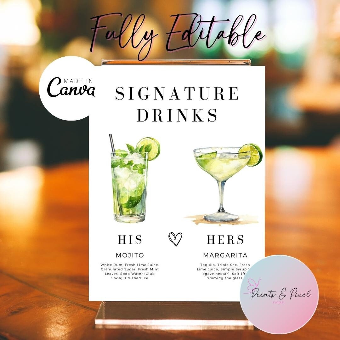 Bar Menu Poster, Bar Menu Sign, Couples Cocktails, Editable Sign, His ...