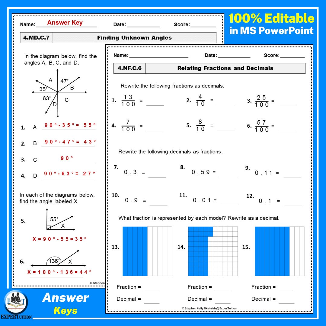 4th Grade Math Quick Checks Worksheets Common Core Math Standards-based ...