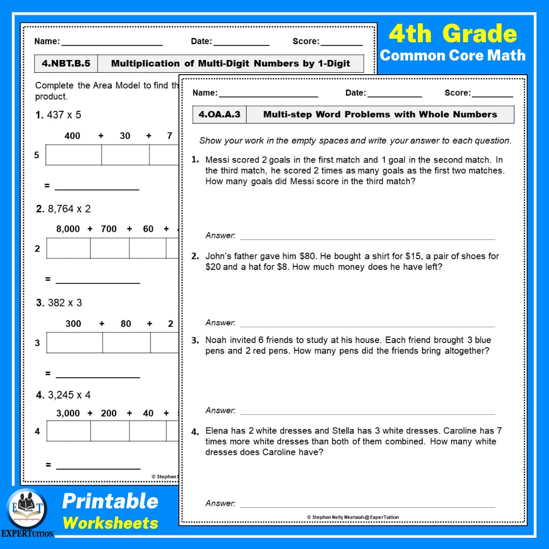 4th Grade Math Quick Checks Worksheets Common Core Math Standards-based ...