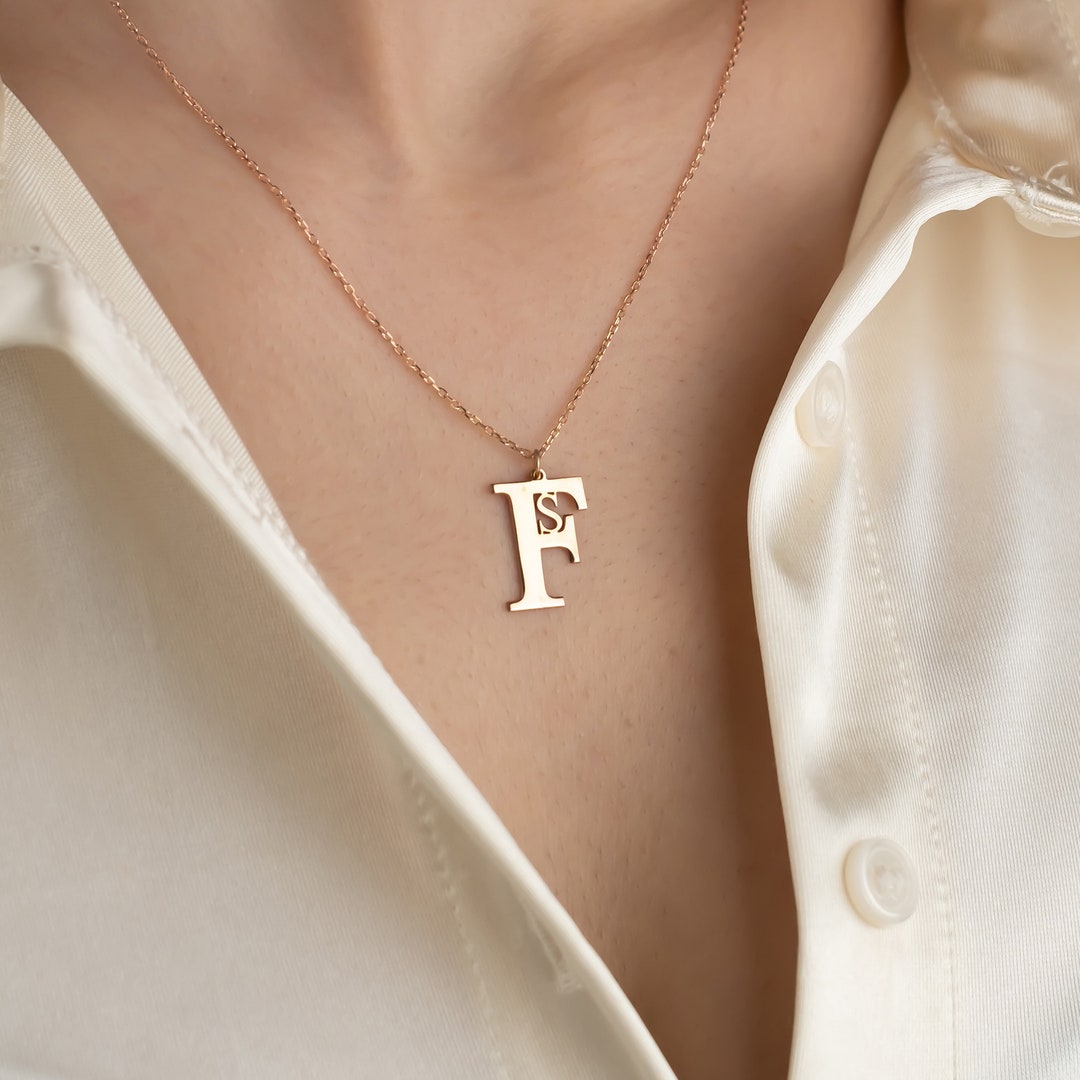 Two Letter Necklace, 14K Initial Necklace, Letter Gold Necklace ...