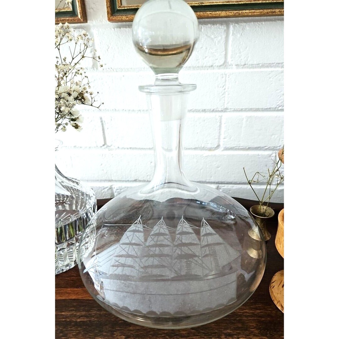 Vintage Etched Crystal Clipper Ships Liquor Decanter With Heavy Round ...