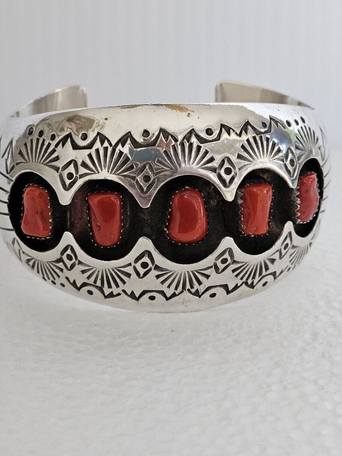 Vintage P Benally Navajo Sterling Silver 5 Red Branch Coral Cuff ...