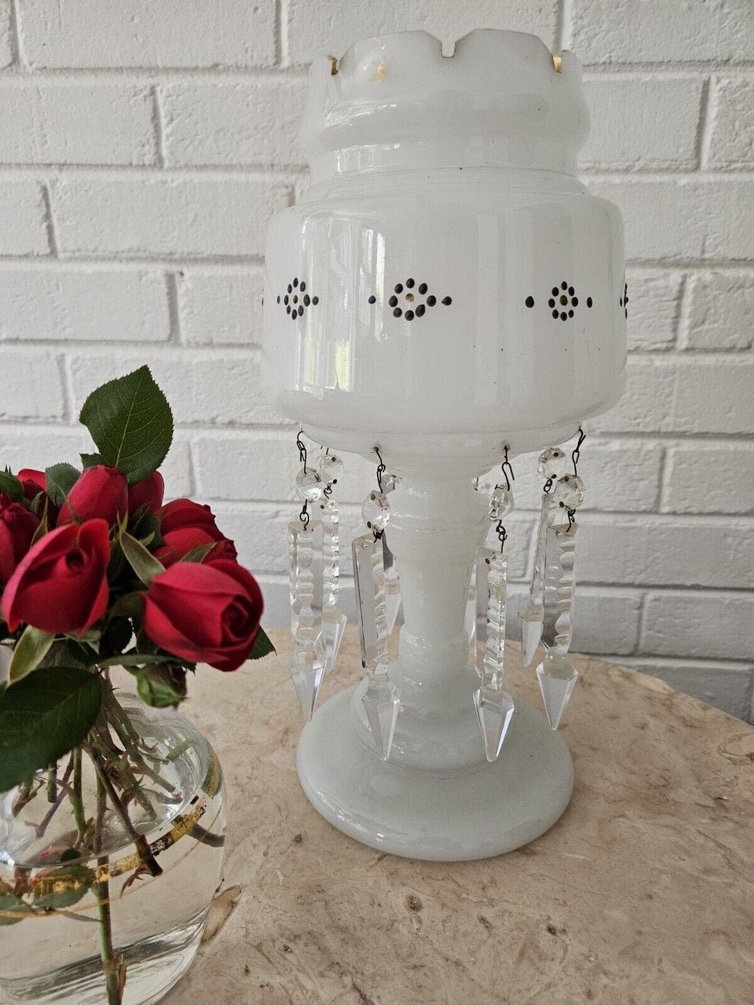 Antique Victorian Hand Painted Gold Opaline White Glass Luster Prisms ...