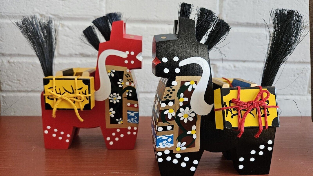 Yawata Uma Chagu Hachinohe Set 2 Horse Figurine Japanese Wooden Folk ...