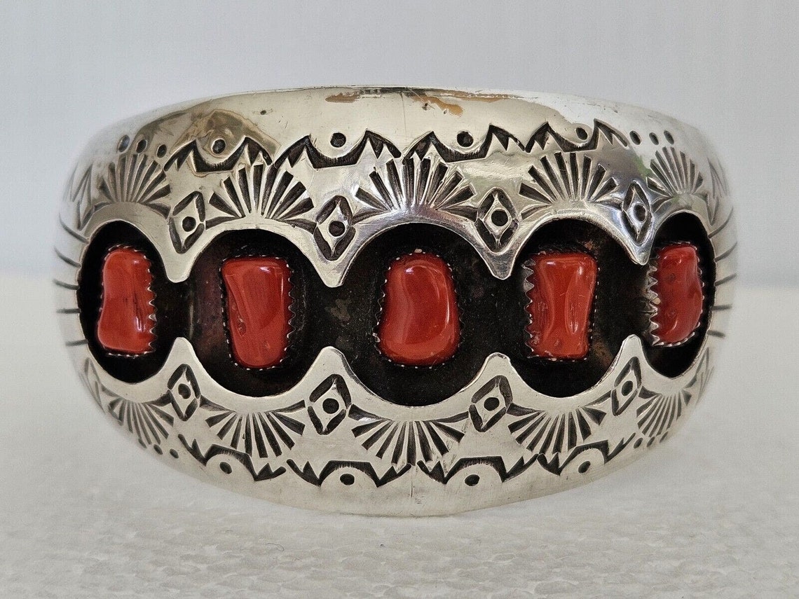 Vintage P Benally Navajo Sterling Silver 5 Red Branch Coral Cuff ...