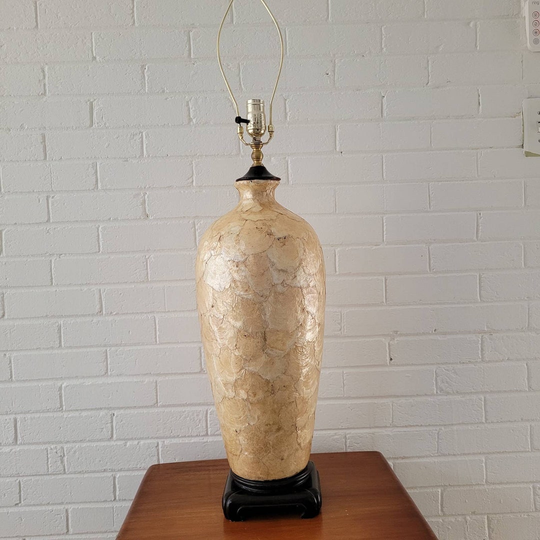 Vintage Large Golden Capiz Lamp on Scrolling Wood Base - Etsy