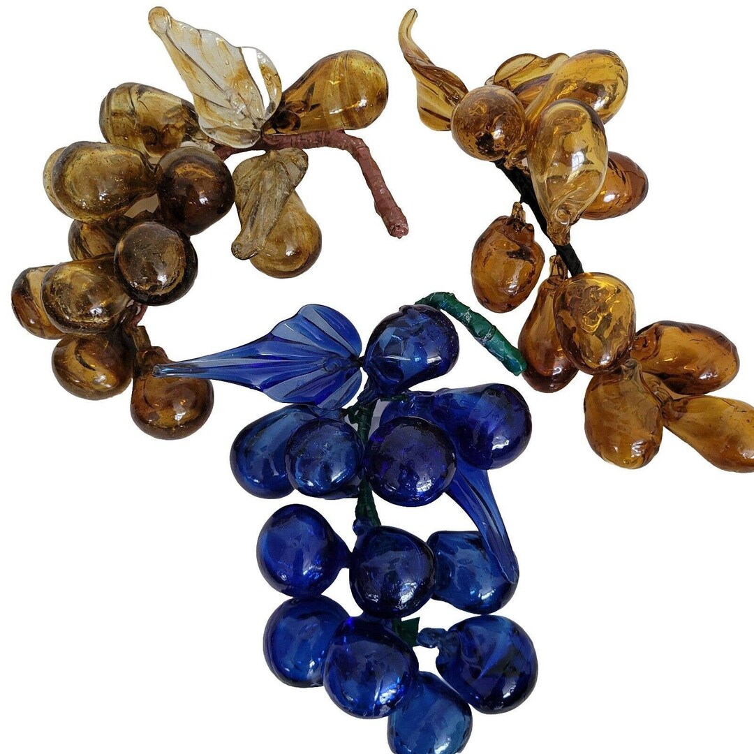 Vintage Set 3 Blown Glass Grape Clusters Amber Blue Stem Leaves - Etsy