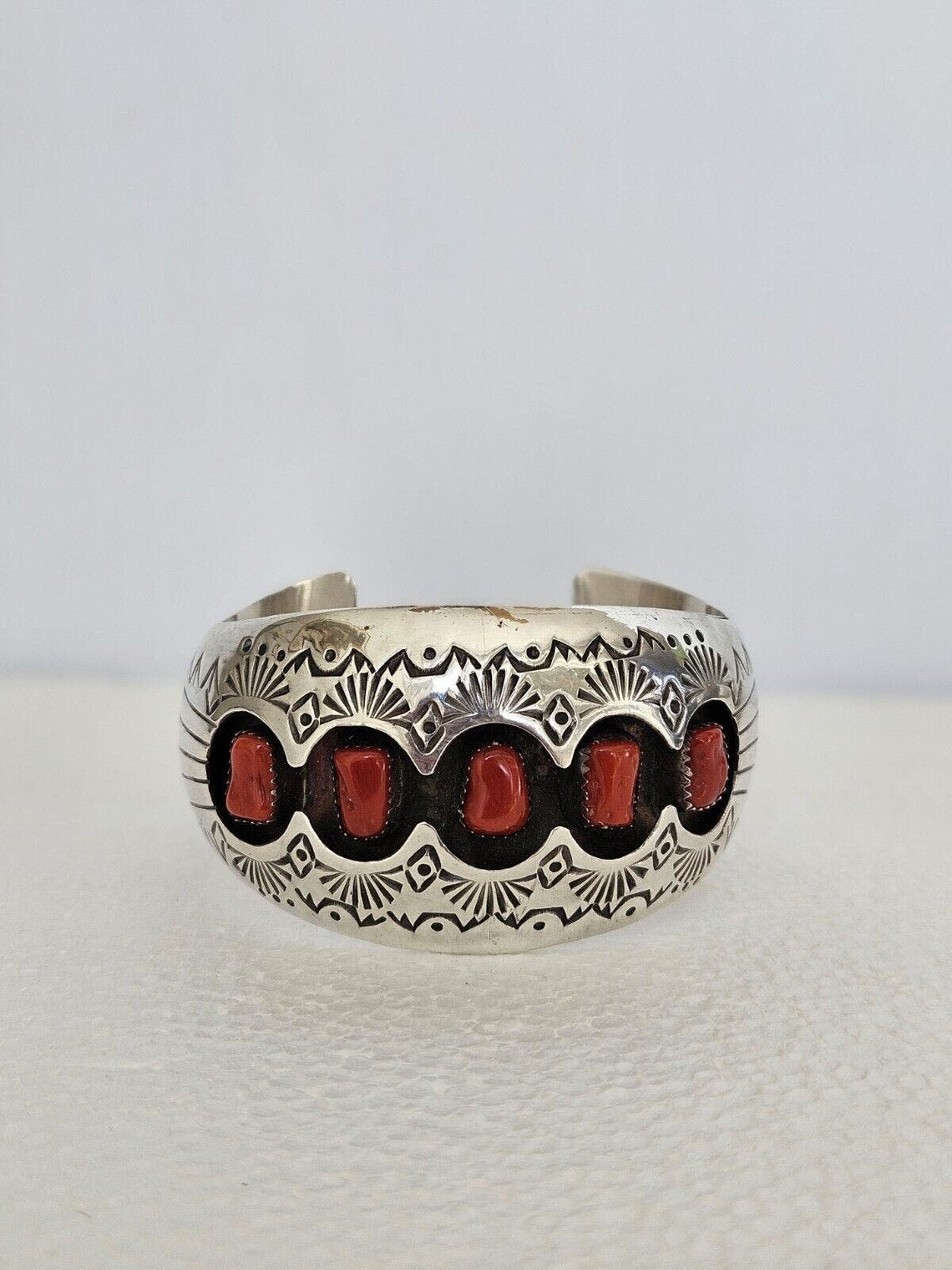 Vintage P Benally Navajo Sterling Silver 5 Red Branch Coral Cuff ...