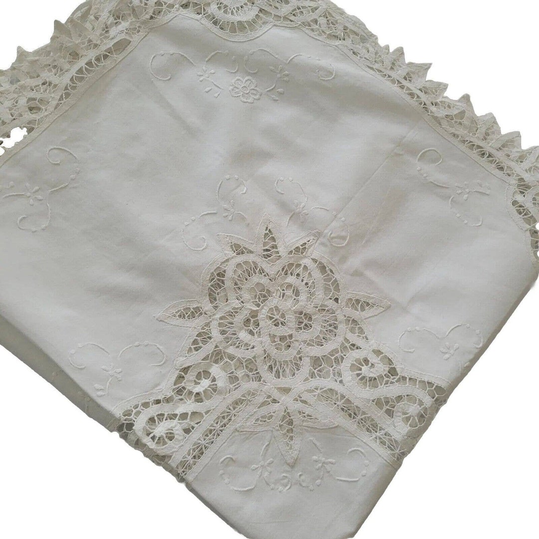 Elegant Italian Hand Batten Lace Flower Embroidery White Square Cotton ...