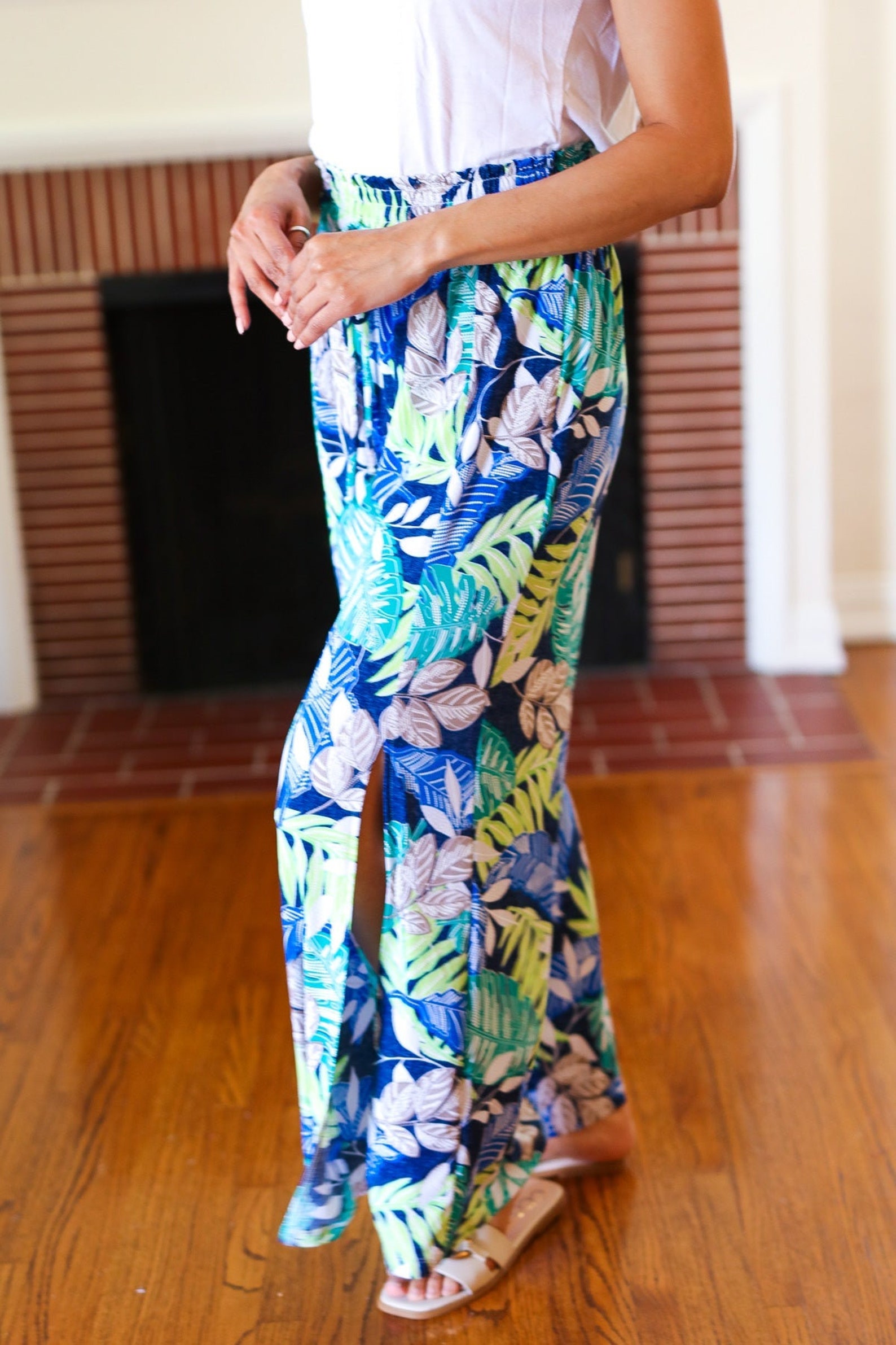 Island Getaway: Tropical Print Palazzo Pants With Smocked Waist & Tie ...