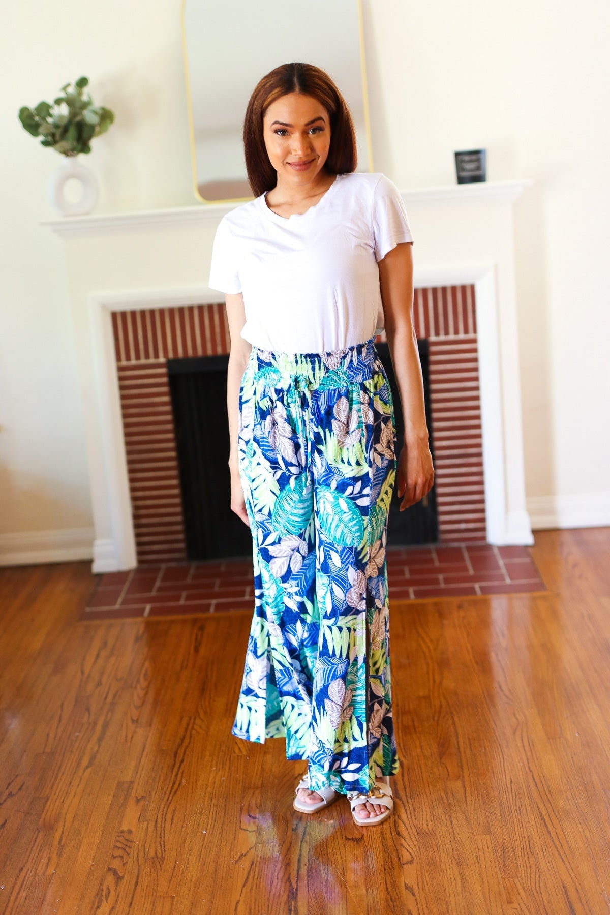Island Getaway: Tropical Print Palazzo Pants With Smocked Waist & Tie ...