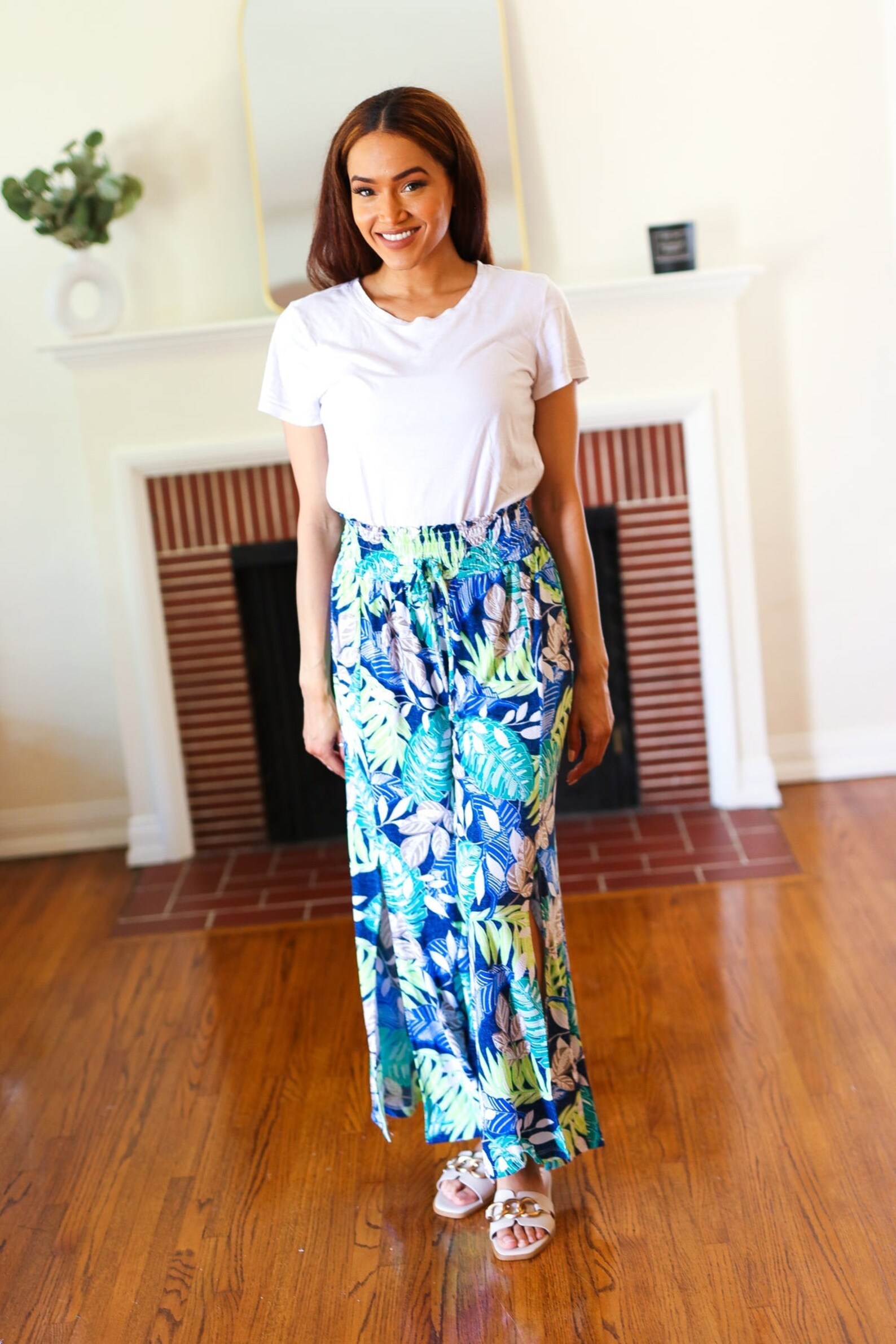 Island Getaway: Tropical Print Palazzo Pants With Smocked Waist & Tie ...