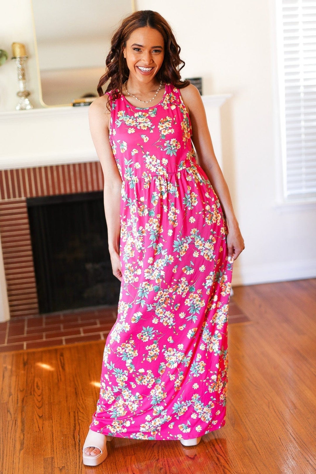 Pink Flowy Maxi Dress and Flare Sleeveless Maxi Dress / Side Pockets ...
