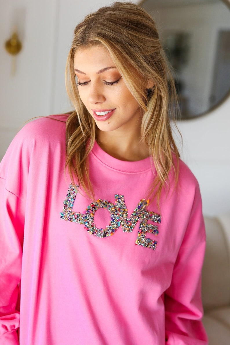 Pink love Jewel Beaded Patch Pullover Top - Etsy