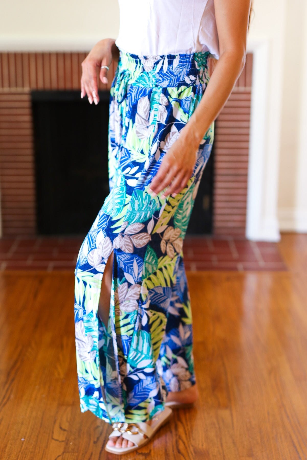 Island Getaway: Tropical Print Palazzo Pants With Smocked Waist & Tie ...