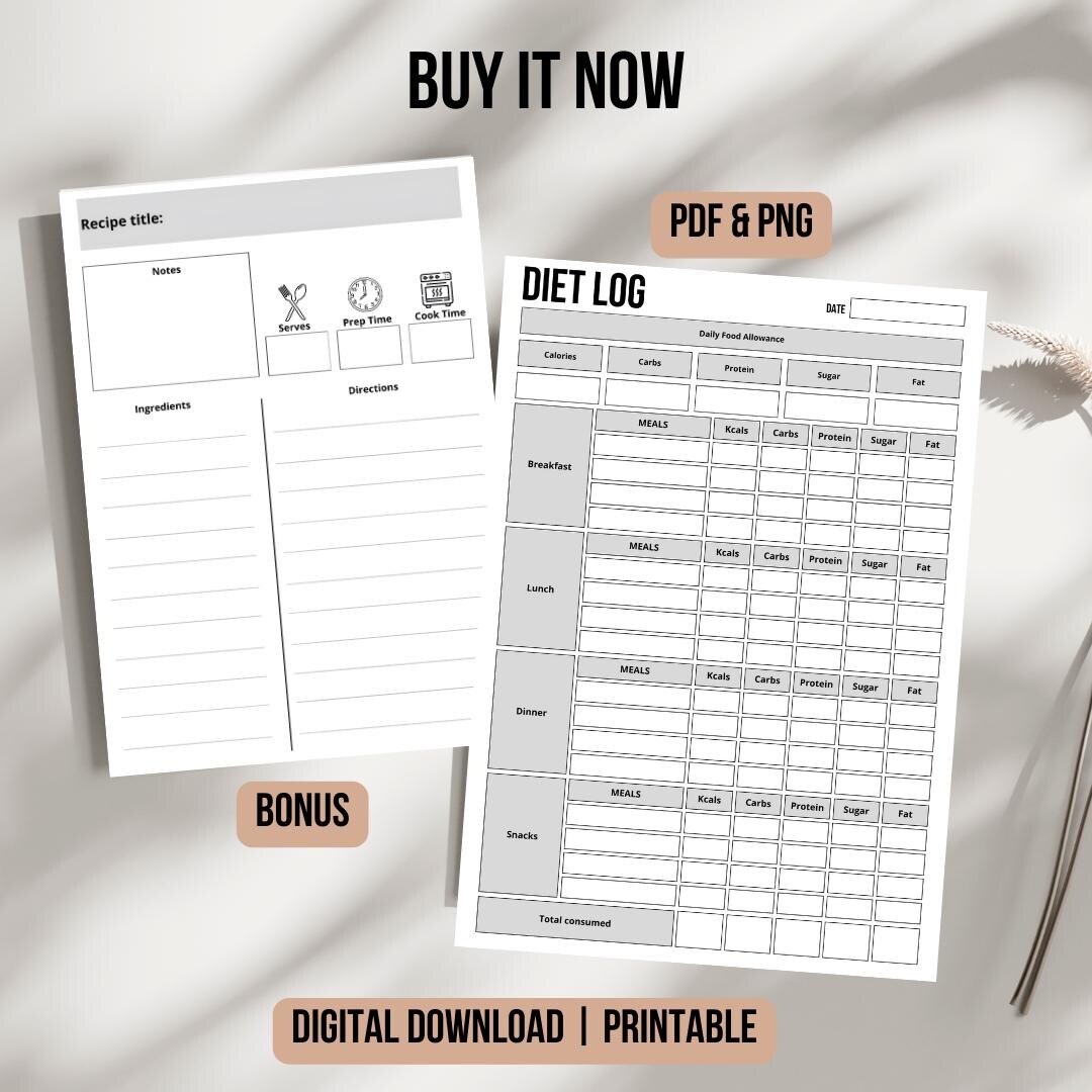 Digital Diet Log - Printable Diet - Printable Food - Food Planner ...