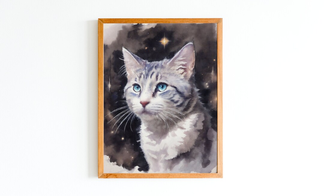 Starry Grey Tabby Cat Art Print Stargazing Watercolor Portrait Gift for ...