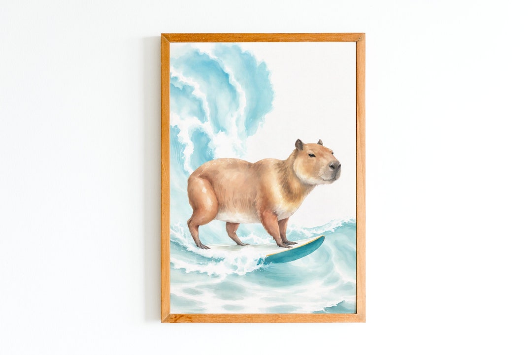 Surfing Capybara Art Print Capybara Painting Animal Wall Art Capybara ...