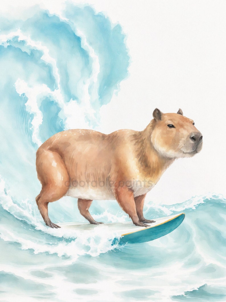 Surfing Capybara Art Print Capybara Painting Animal Wall Art Capybara ...