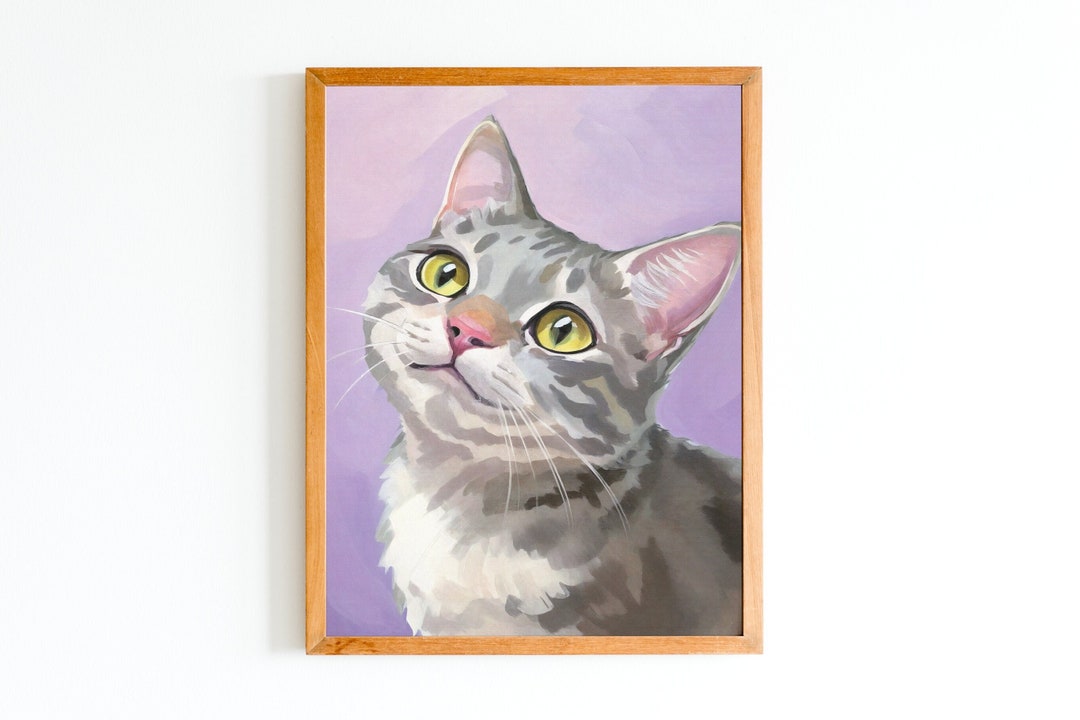 Gray Cat Art Print Pet Portrait Cute Cat Painting - Etsy