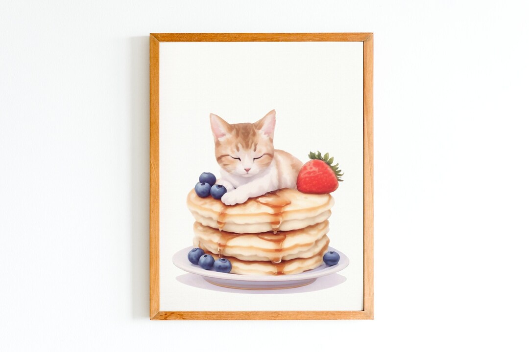 Pancakes Cat Art Print Cat Lover Wall Art Cute Kitchen Decor Art Lover ...