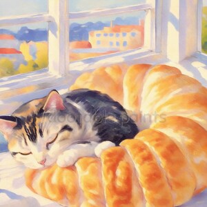 Sleeping Croissant Cat Art Print Cat Lover Gift Ideas Cute Home and ...